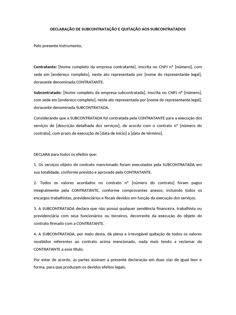 Declaração de Subcontratação e Quitação Aos Subcontratados | PDF