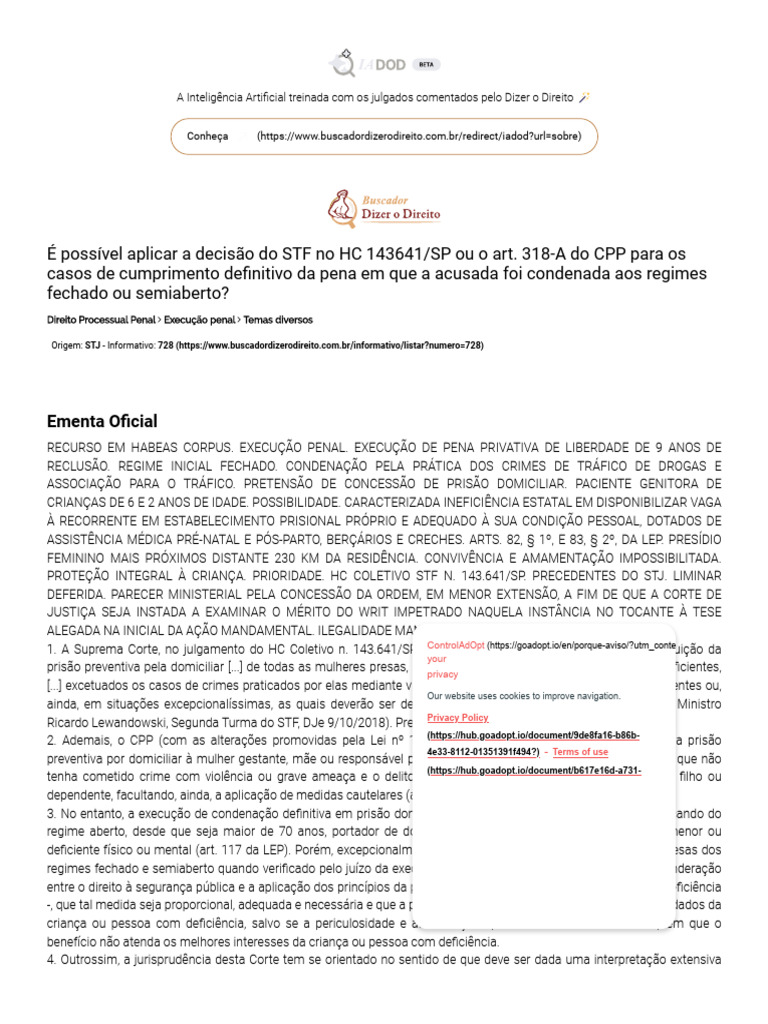 É possível aplicar a decisão do STF no HC 143641_SP ou o art. 318-A do CPP para os casos de ...