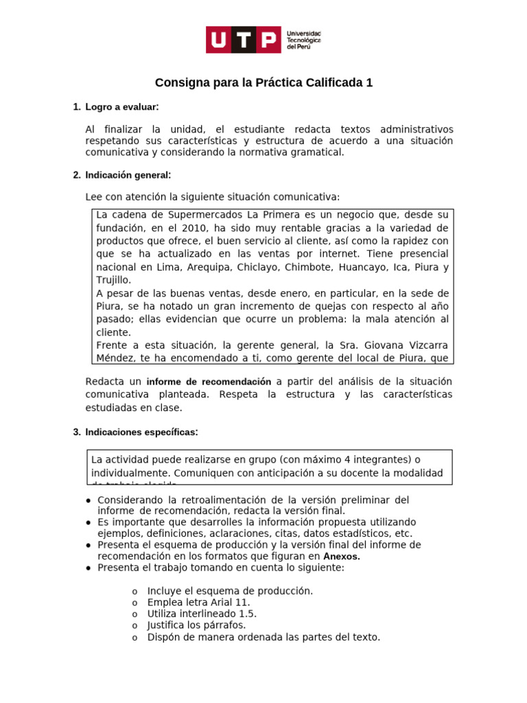Semana 08 - Tema 01 - Comprensión y Redacción de Textos - Práctica Calificada 01 - Pc1 - Trabajo ...