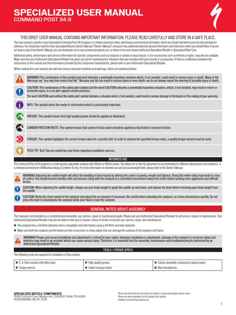 Specialized User Manual: Command Post 34.9 | PDF