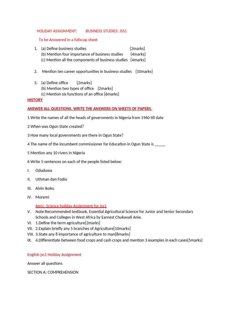 Holiday Assignments For Incoming Jss1 | PDF
