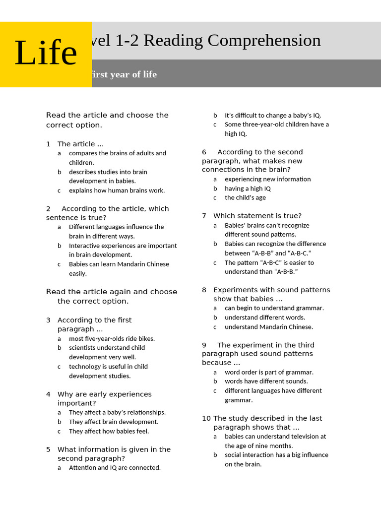 Level 1-2 Lesson 8 Reading Comprehension | PDF