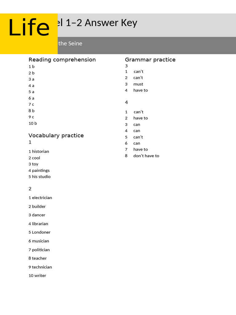 Level 1-2 Lesson 6 Answer Key | PDF