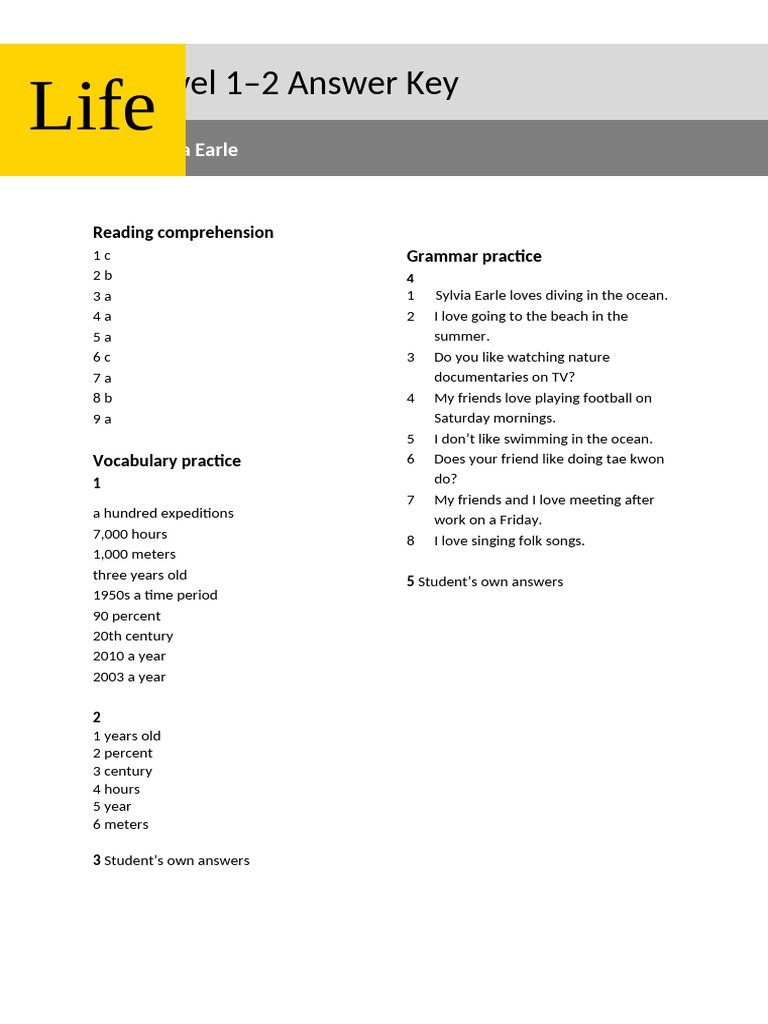 Level 1-2 Lesson 4 Answer Key | PDF