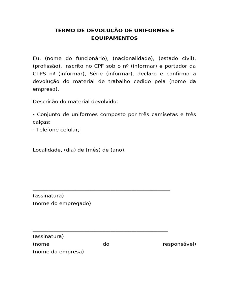 Modelo Termo de Devolução de Uniformes e Equipamentos | PDF