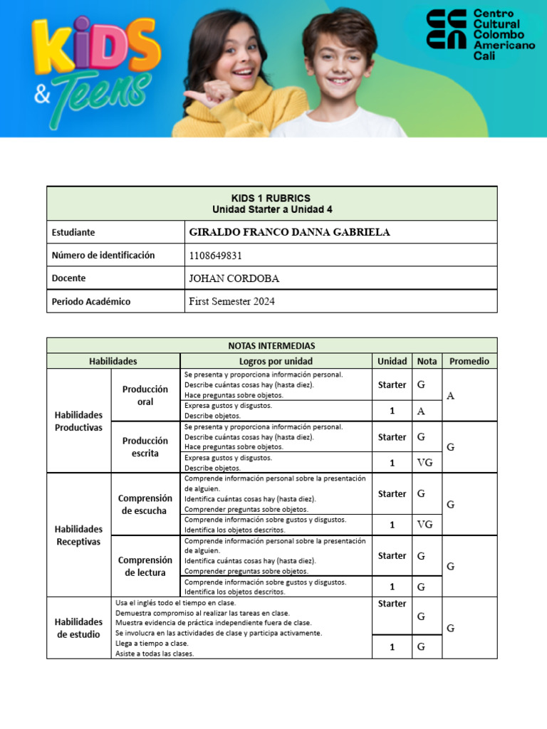 Kids 1 First Semester 2024 1108649831 GIRALDO FRANCO DANNA GABRIELA | PDF