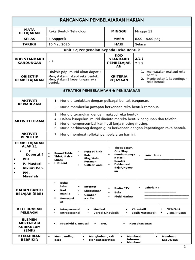 RPH RBT Tahun 4 Unit 2 Pengenalan Kepada Reka Bentuk 2.1.1 | PDF