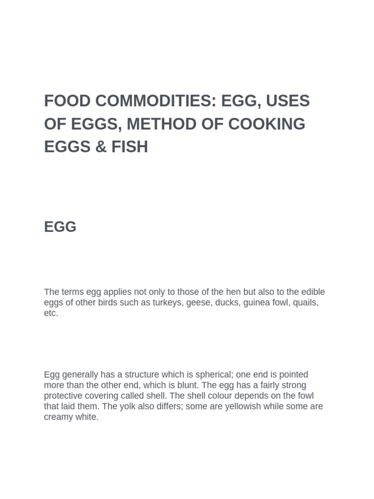 Food Commodities - Egg, Uses of Eggs, Method of Cooking Eggs & Fish | PDF
