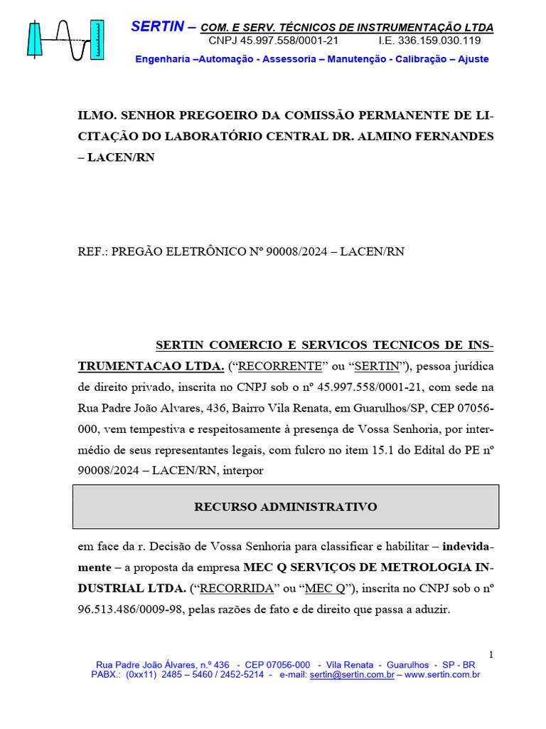 Recurso Sertin X MEC-Q PE 90008-24 Lacen RN | PDF