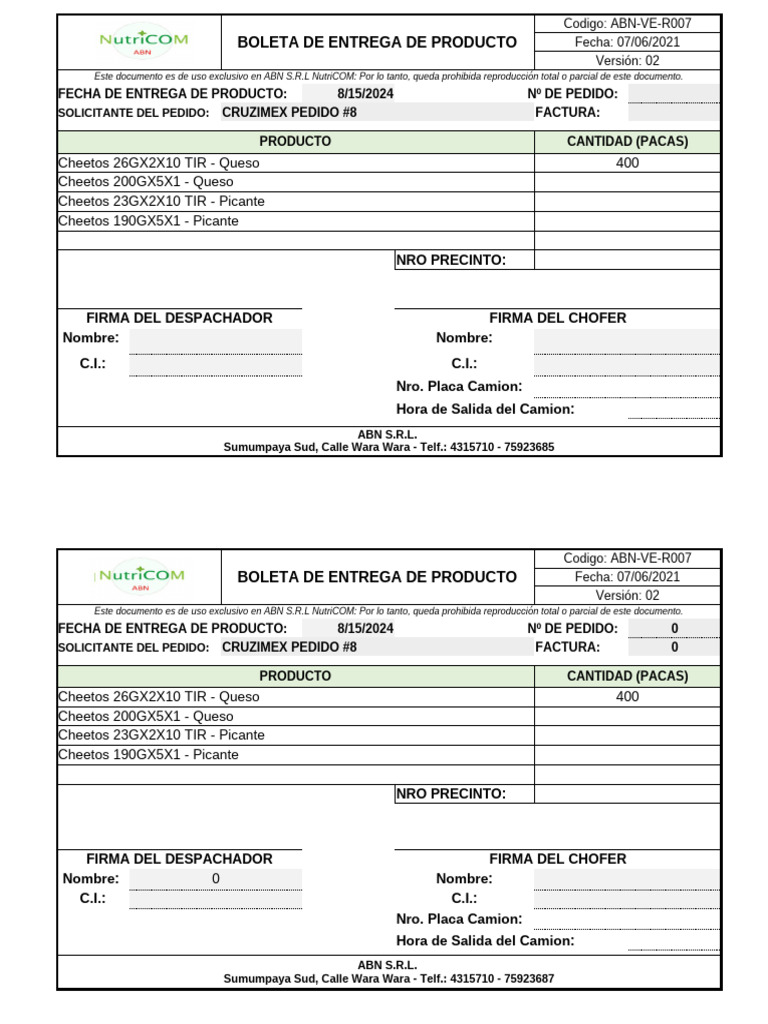 ABN-VE-R007 BOLETA DE ENTREGA DE PRODUCTO v02 | PDF