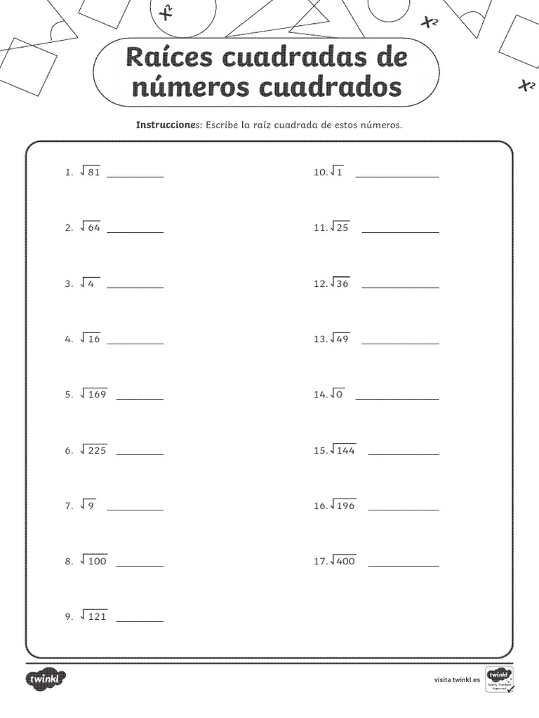 Ficha de actividad Raíces cuadradas de números cuadrados | PDF