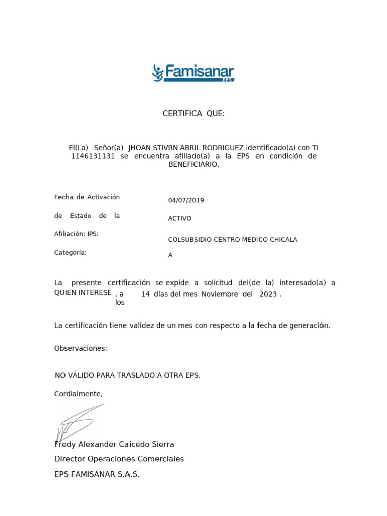 Certificado Famisanar | PDF