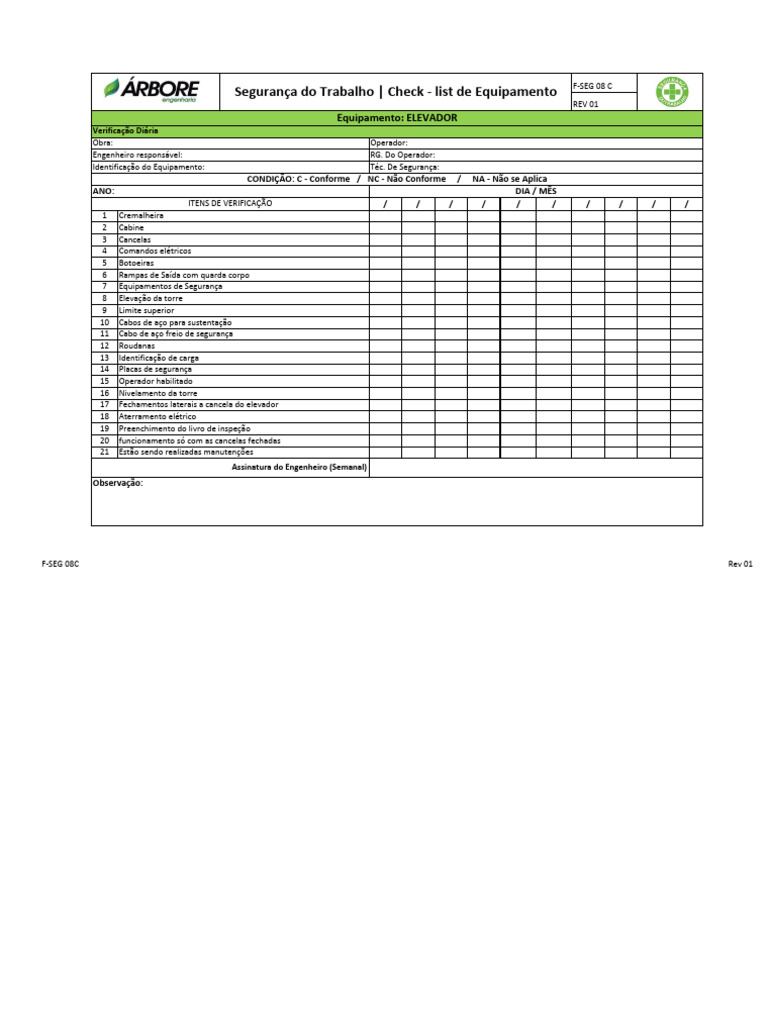 F-SEG 08C - Check List de Elevador - Rev 01 | PDF