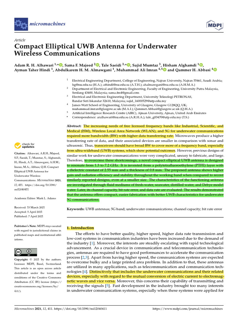 Compact Elliptical UWB Antenna For Underwater Wireless Communications | PDF