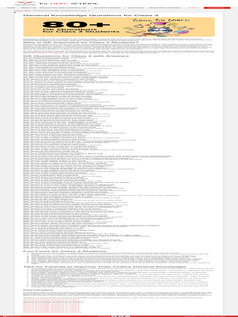 GK Questions For Class 3 With Answers - The HDFC School | PDF