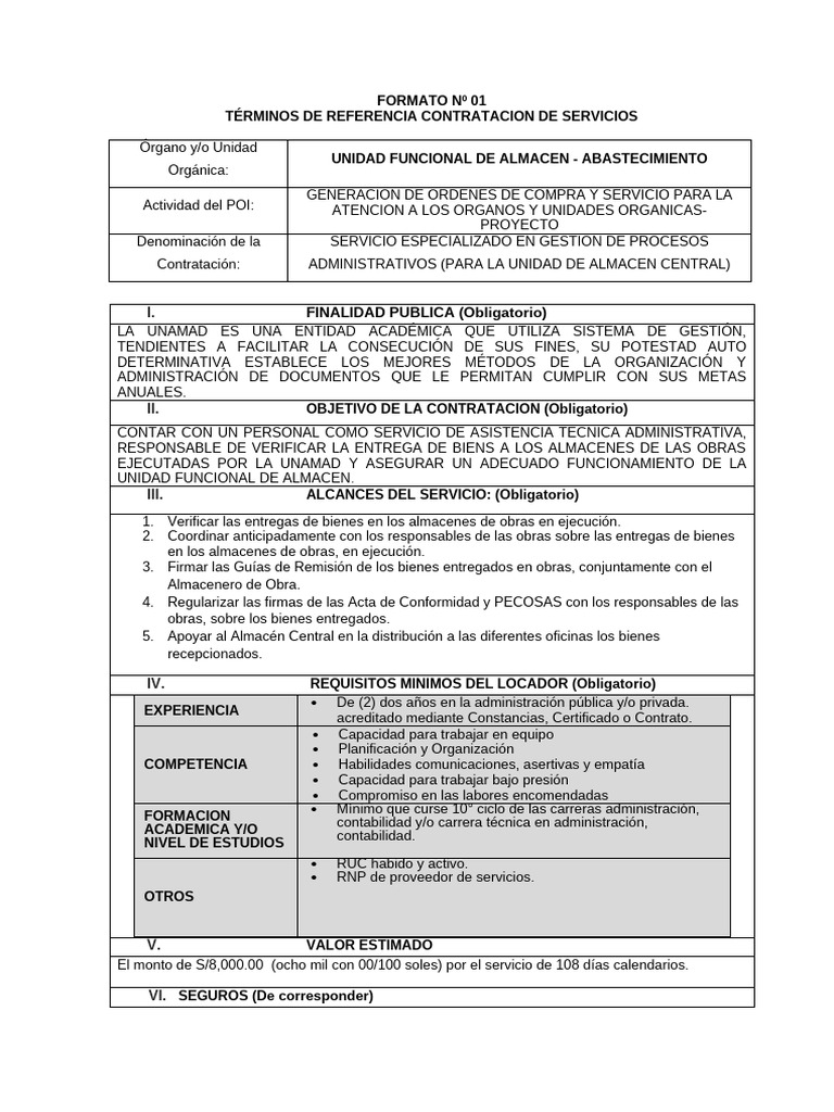 FORMATO 1 TDR para Un Unico Entregable JOSIMAR | PDF