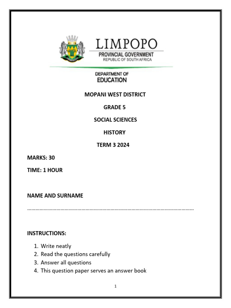 Grade 5 Hist QP Term 3 2024 | PDF