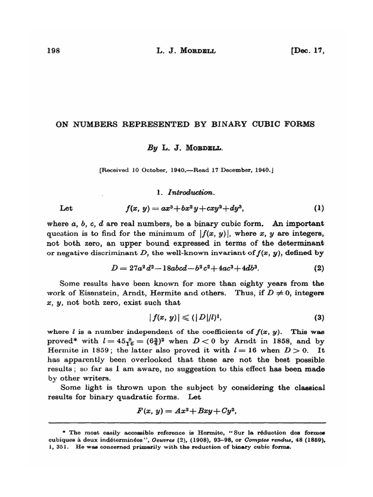 Mordell. On Numbers Represented by Binary Cubic Forms - PLMS - 1945 | PDF
