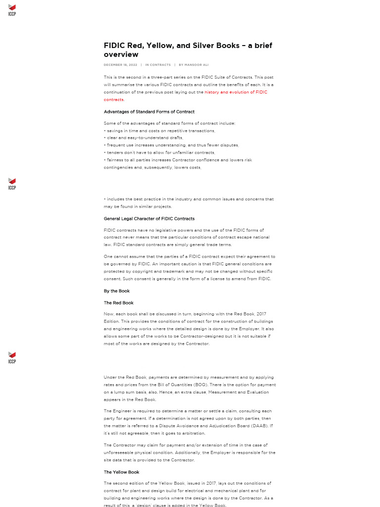 FIDIC Red, Yellow, and Silver Books - A Brief Overview - Institute of Construction Claims ...