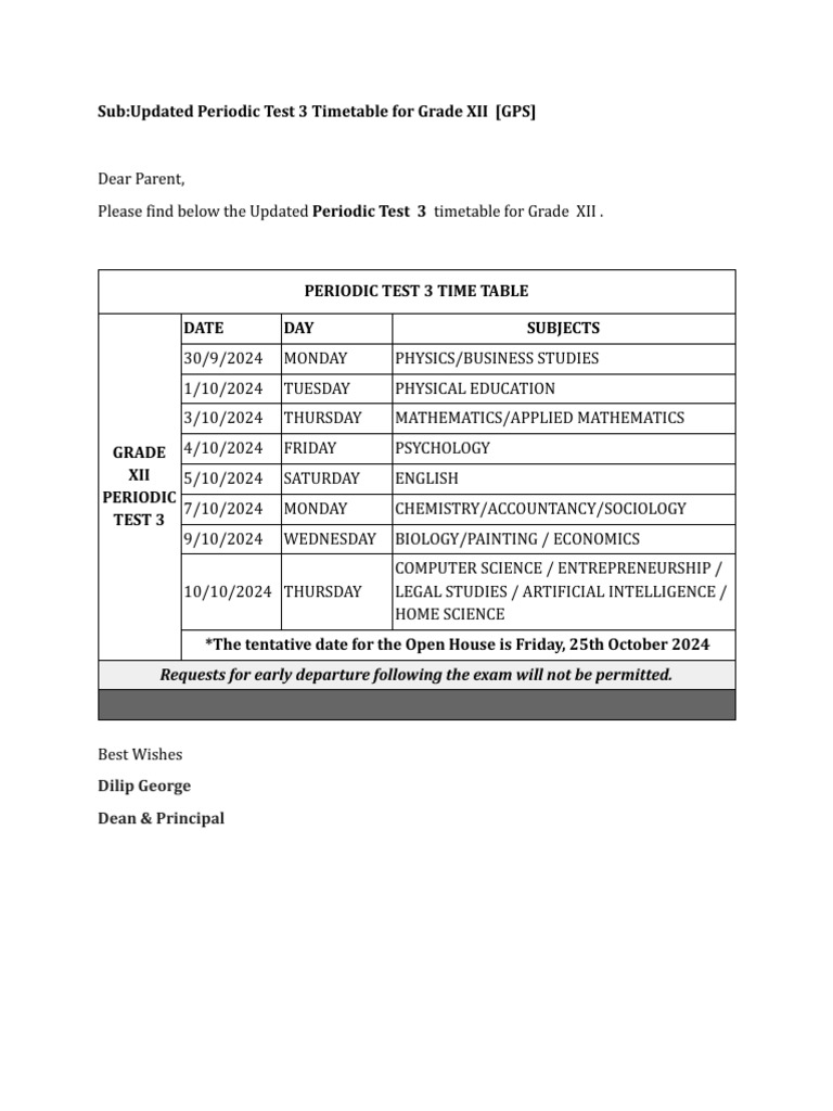 Sub:Updated Periodic Test 3 Timetable For Grade XII (GPS) | PDF