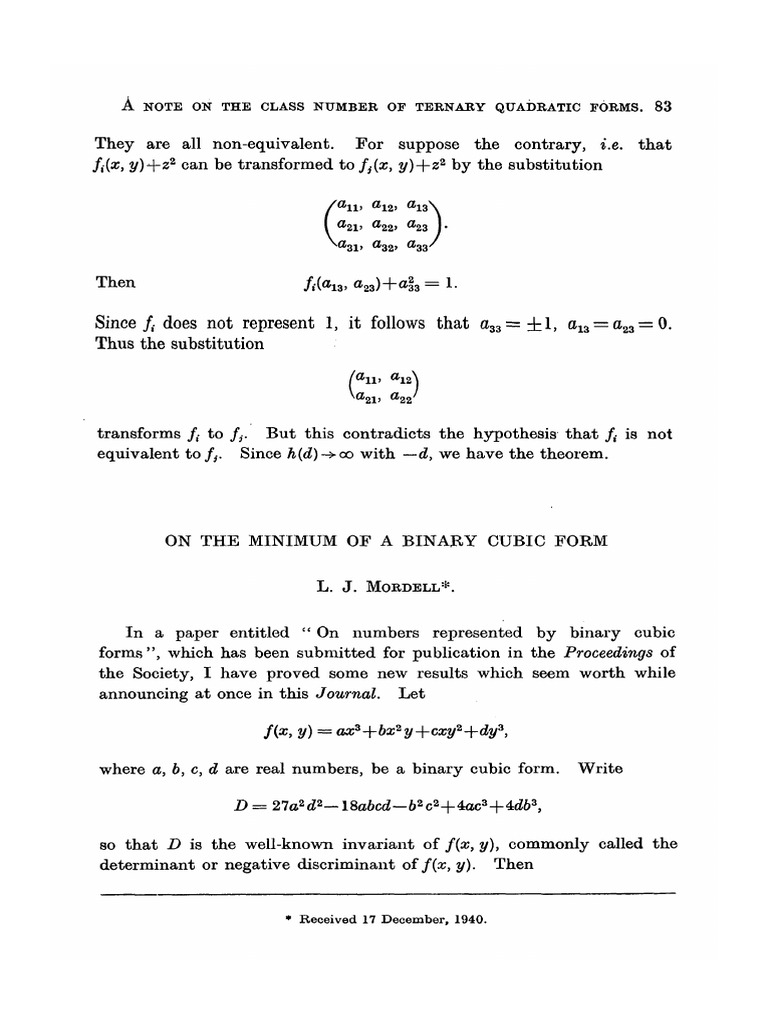 Mordell. On The Minimum of A Binary Cubic Form - JLMS - 1941 | PDF