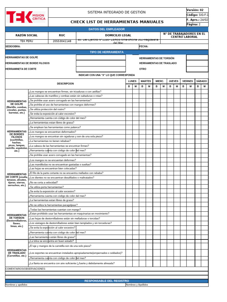 Check List de Herramientas Manuales | PDF