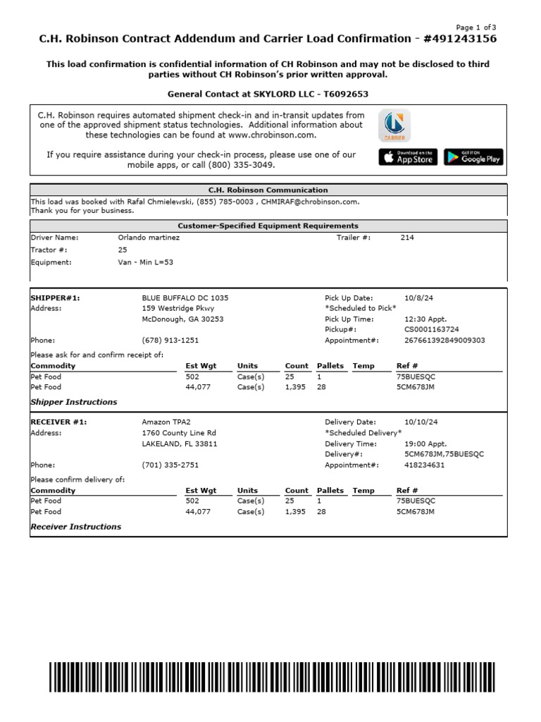 C.H. Robinson Contract Addendum and Carrier Load Confirmation - #491243156 | PDF