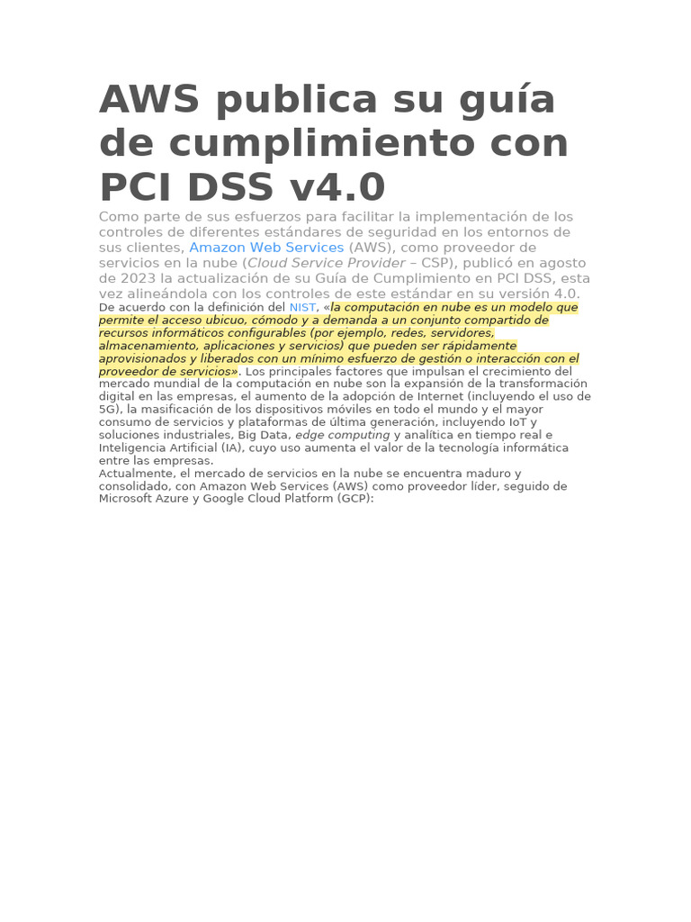 AWS Publica Su Guía de Cumplimiento Con PCI DSS v4 | PDF | Computación en la nube | Servicios ...