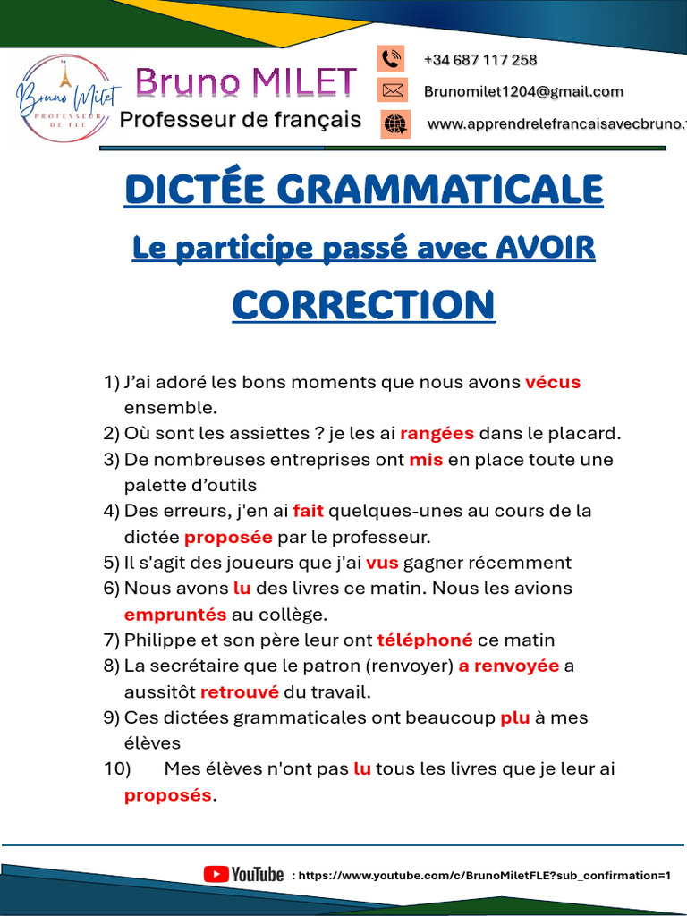 Dictée Grammaticale - Accord Du Participe Passé Avec Avoir | PDF