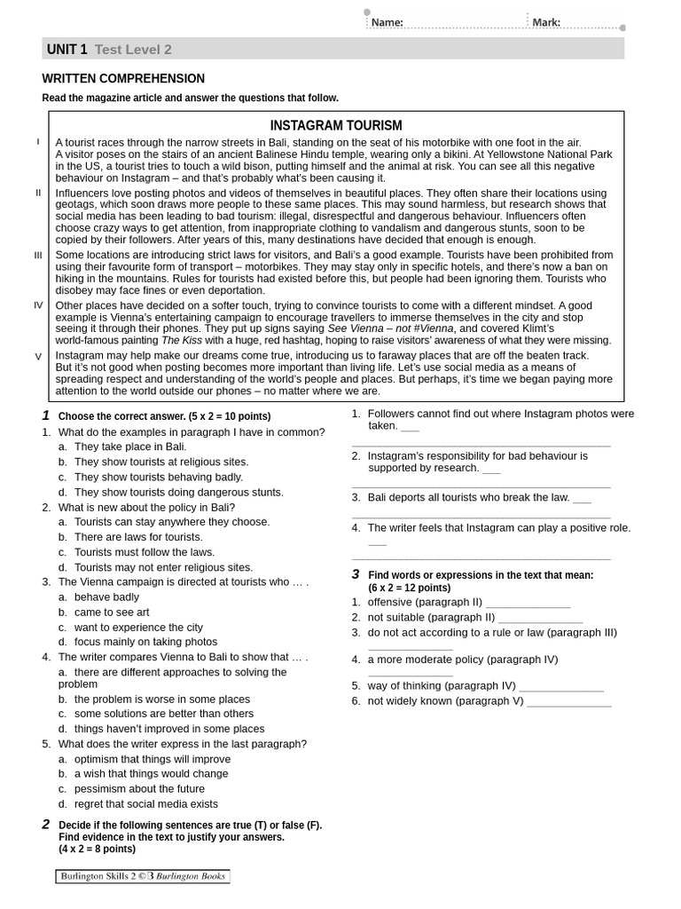 Skills2 U1 L2 Test WrittenComprehension | PDF