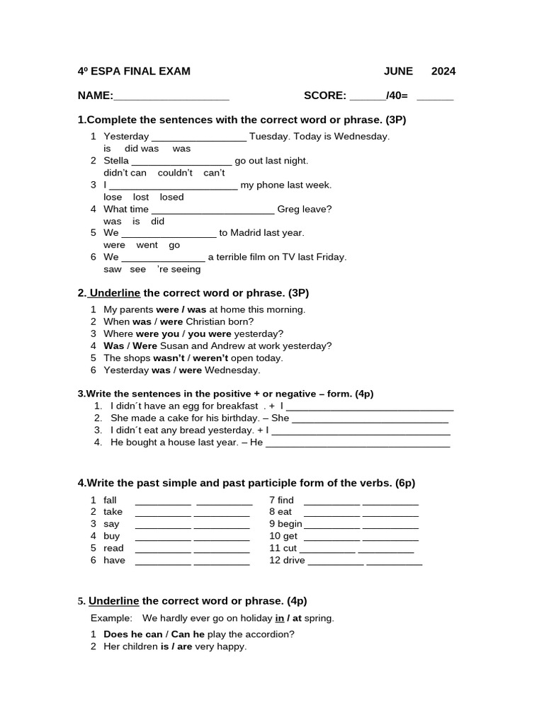 4º Espa Final Exam June 2024 | PDF