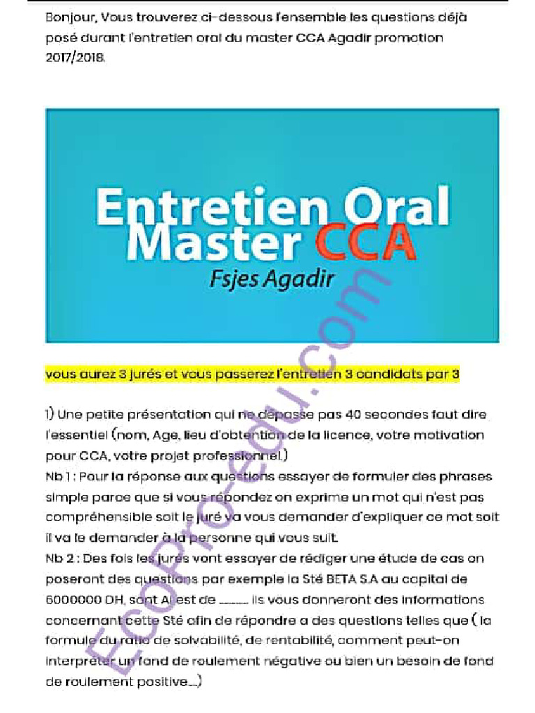 Entretien orale Master CCA fsjes | PDF