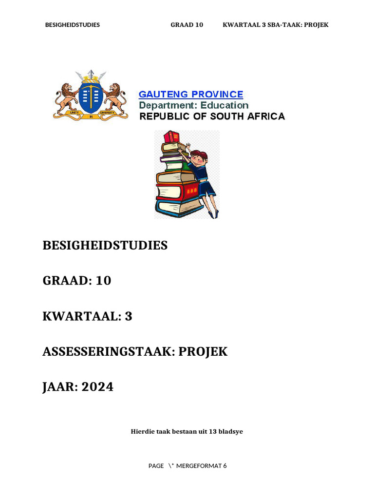 2024 Business Studies Grade 1o Term 3 Sba Task Project Afrikaans | PDF