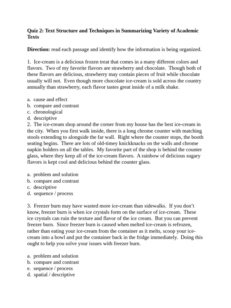 Quiz 2 - Text Structure and Summarizing | PDF