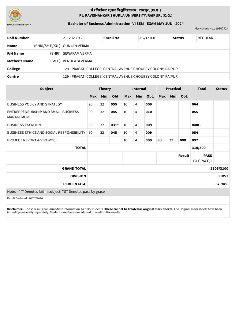 Pt. RAVISHANKAR SHUKLA UNIVERSITY student Result Page | PDF Pt. RAVISHANKAR SHUKLA UNIVERSITY student Result Page | PDF