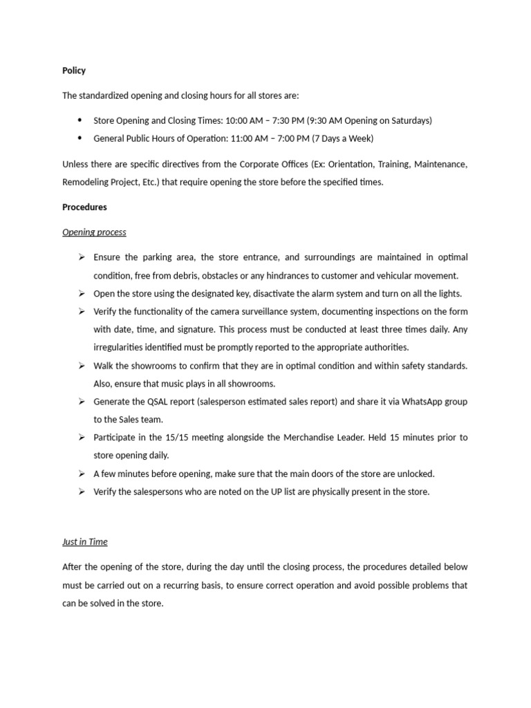 Store Opening and Closing Procedures | PDF