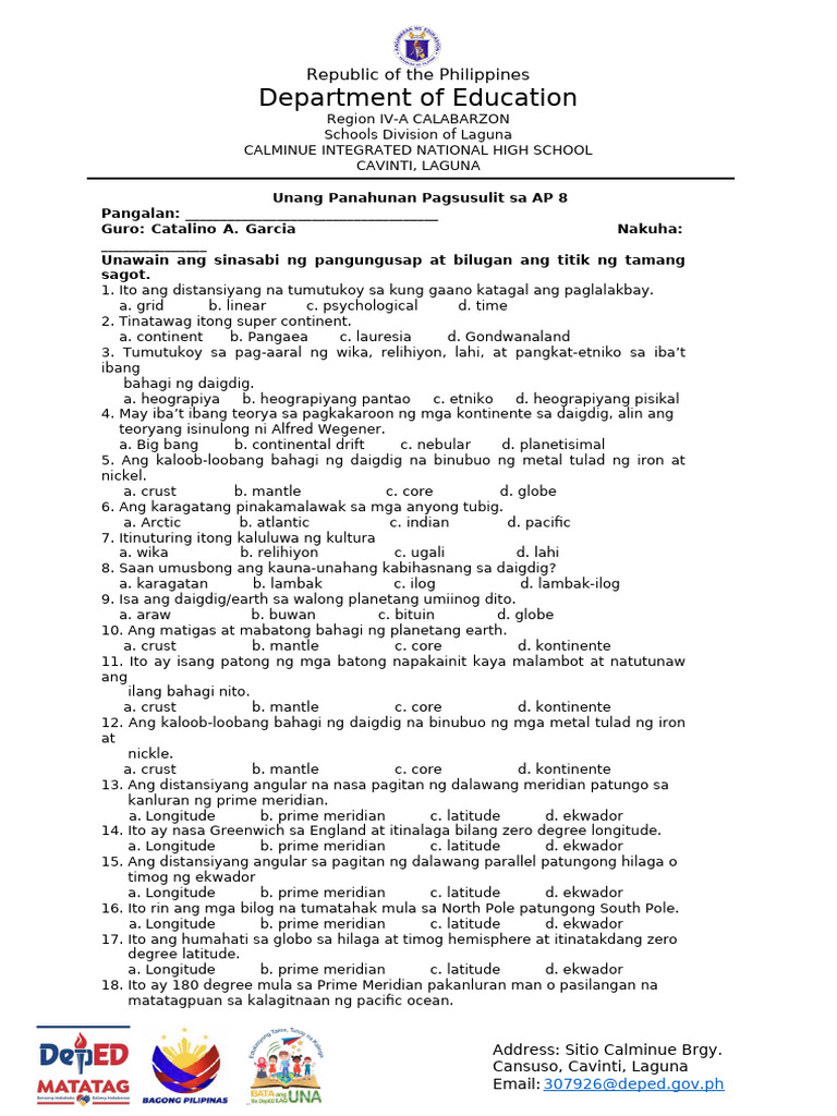 Unang Pagsusulit sa AP 8 | PDF | Latitude | Social Science
