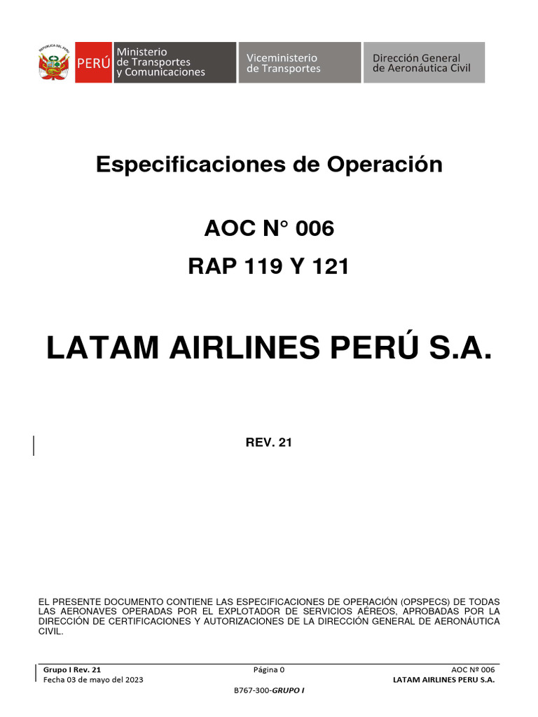 OPSPECS Grupo I - B767 Rev. 21 de LATAM AIRLINES PERU S, A | PDF