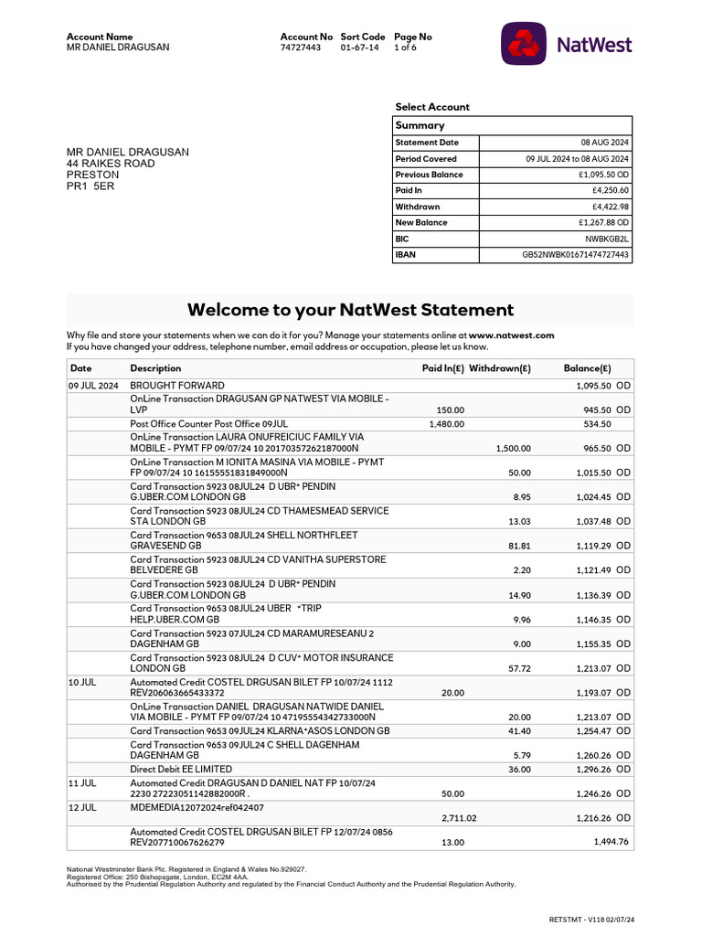 Daniel Dragusan NatWest august | PDF