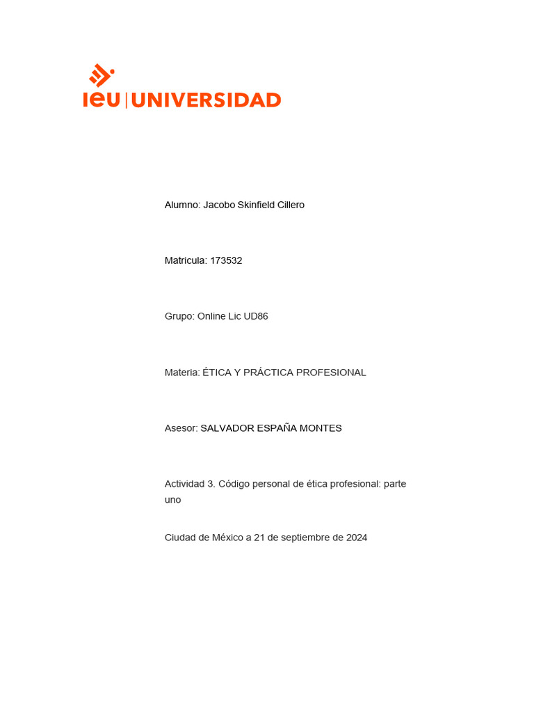 A3.Código Personal de Ética Profesional (Parte Uno) - JacoboSkinfield | PDF