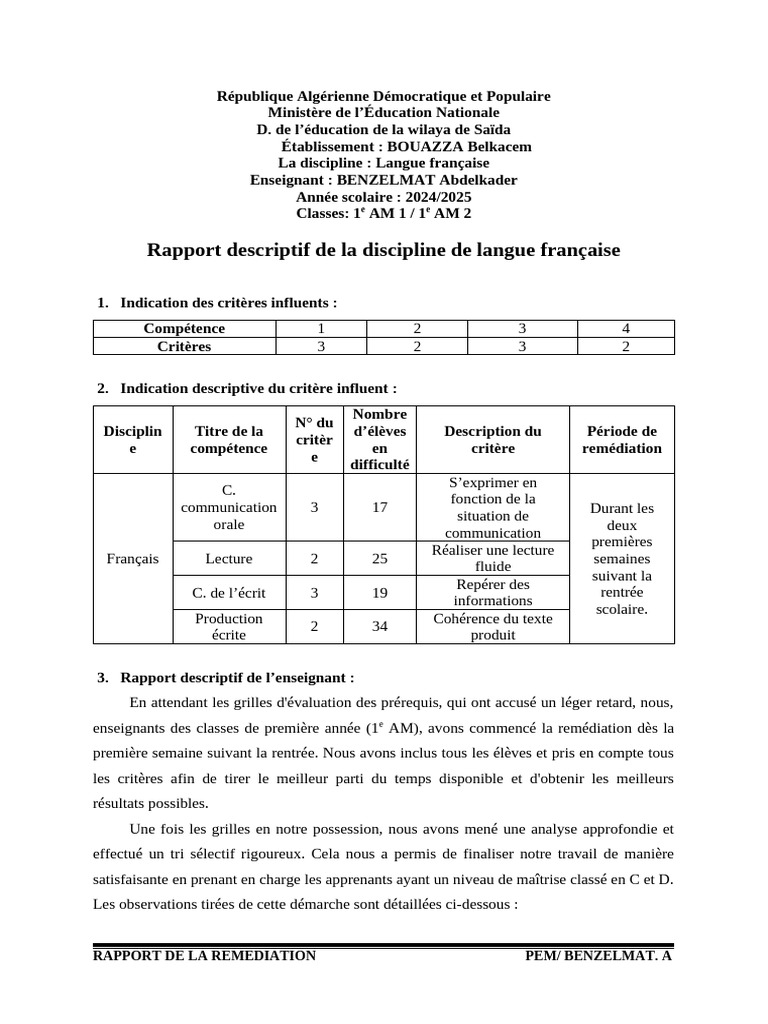Rapport de La Remédiation Pédagogique - 1AM | PDF