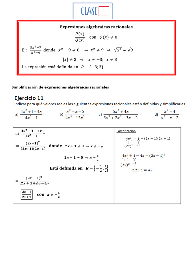 CLASE 4 MATEMATICA Ejercicios Resueltos Sobre Expresiones Algebraicas Racionales INGRESO 2024 | PDF