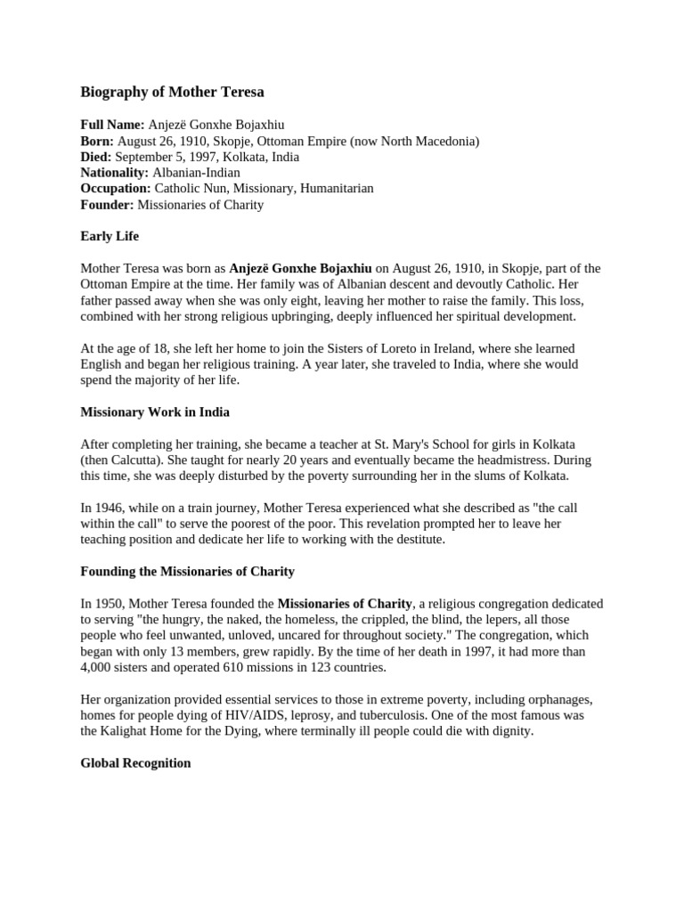 Biography of Mother Teresa | PDF