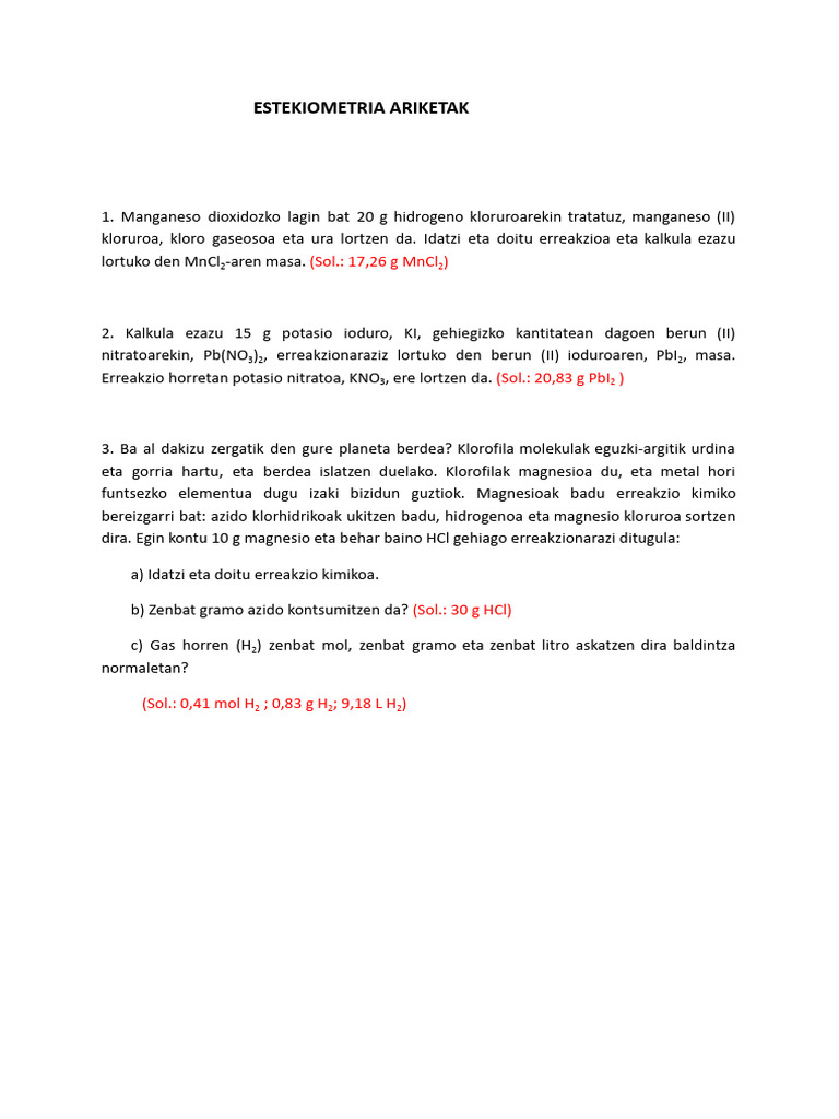 ESTEKIOMETRIA ARIKETAK | PDF