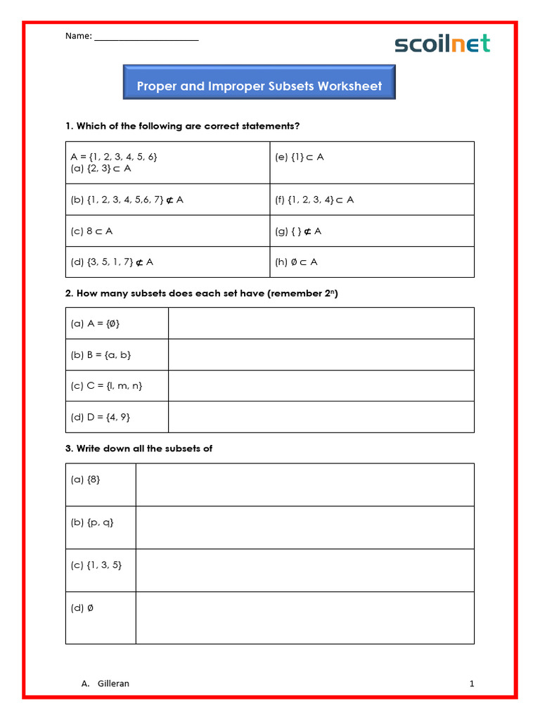 Proper and Improper Subsets Worksheet | PDF