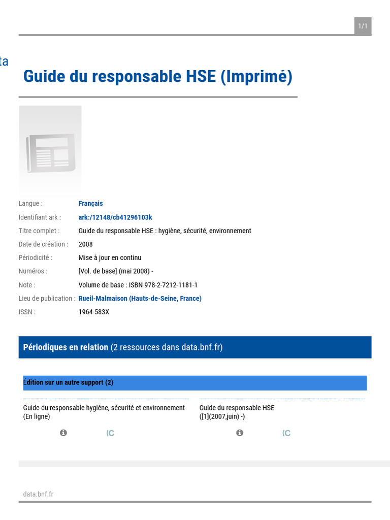 Guide Du Responsable HSE (Imprimé) : Français Ark:/12148/cb41296103k | PDF