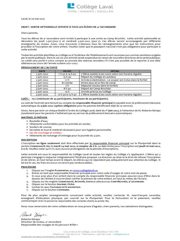 Camp BruchÃ©si - Secondaire4 - LettreInscriptions - VersionPluriportail ...