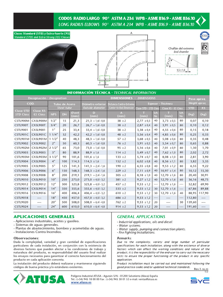 FICHA TECNICA CODO RADIO LARGO A 90 ASTM A 234 STD y XS Rev.1 | PDF | Engineering | Plumbing