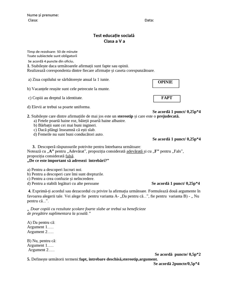 Test Clasa A5a Educatie Sociala | PDF