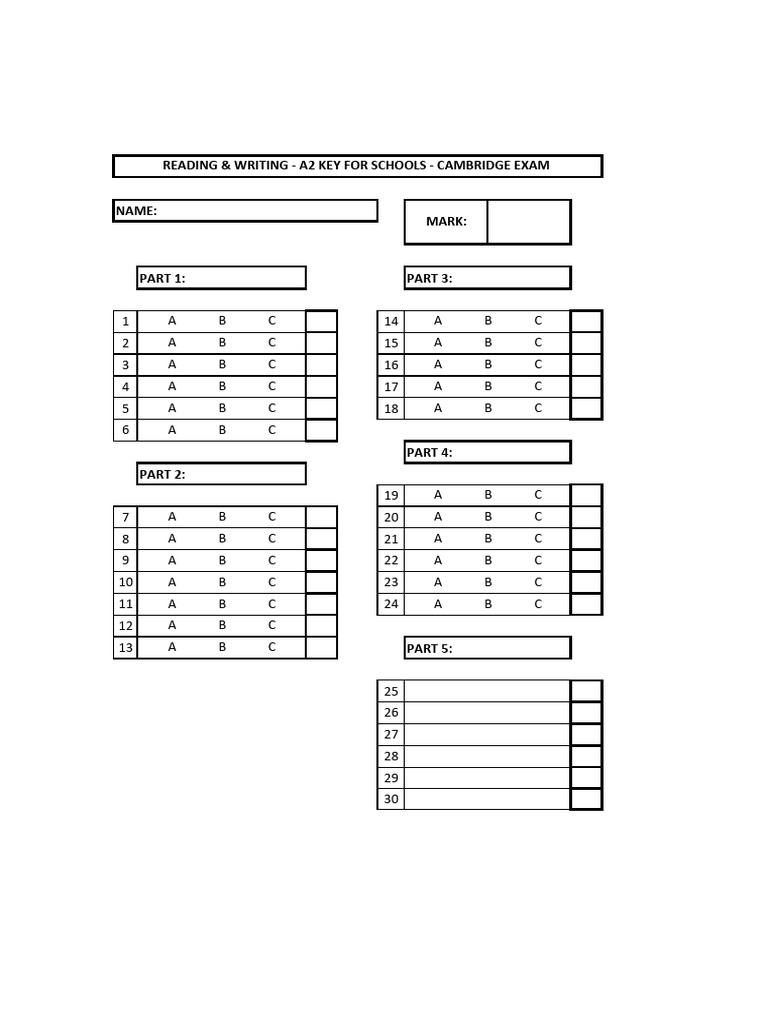 Reading Writing A2 Answer Sheet | PDF